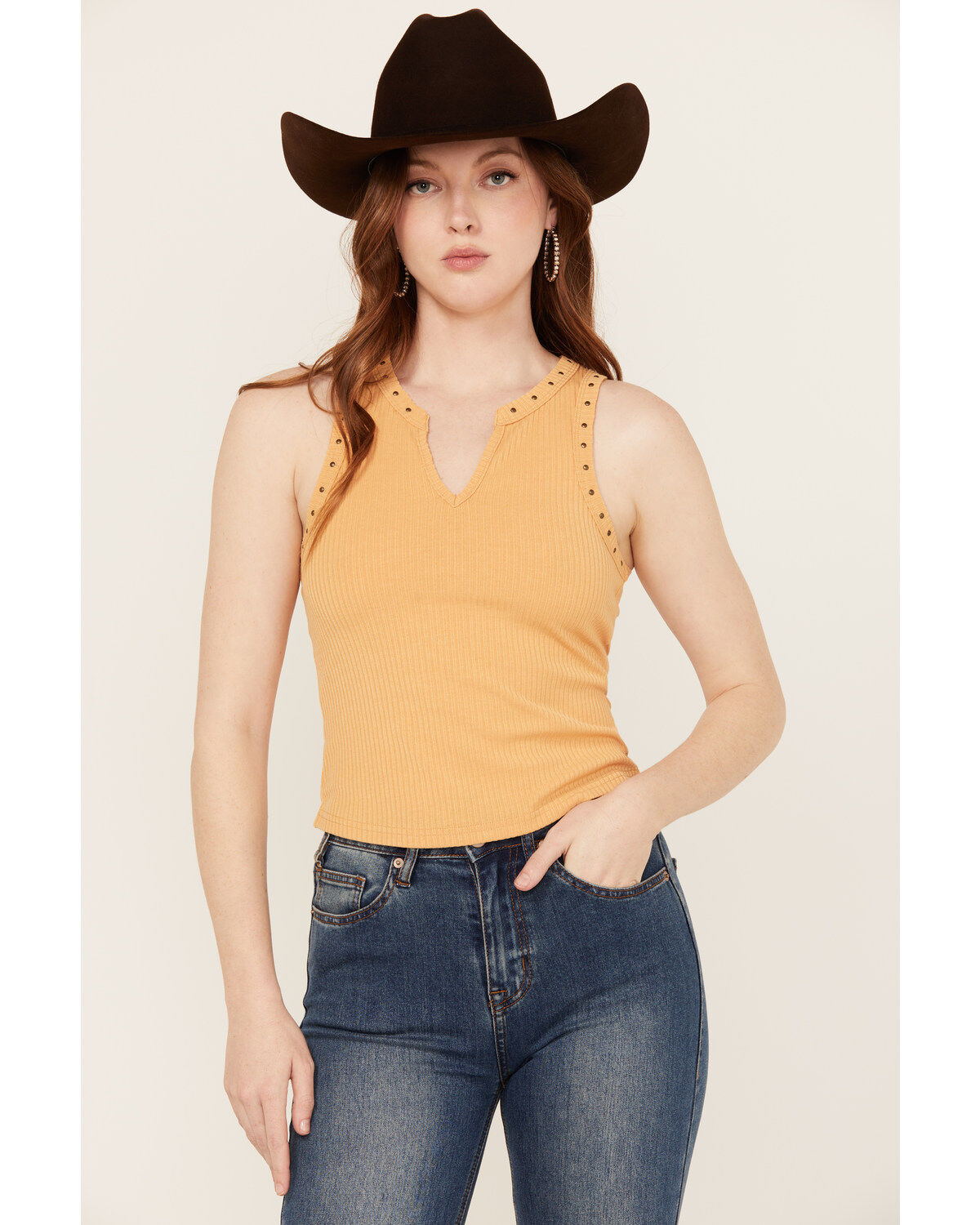 Miss Me Women's Studded Split V Neck Tank, Mustard
