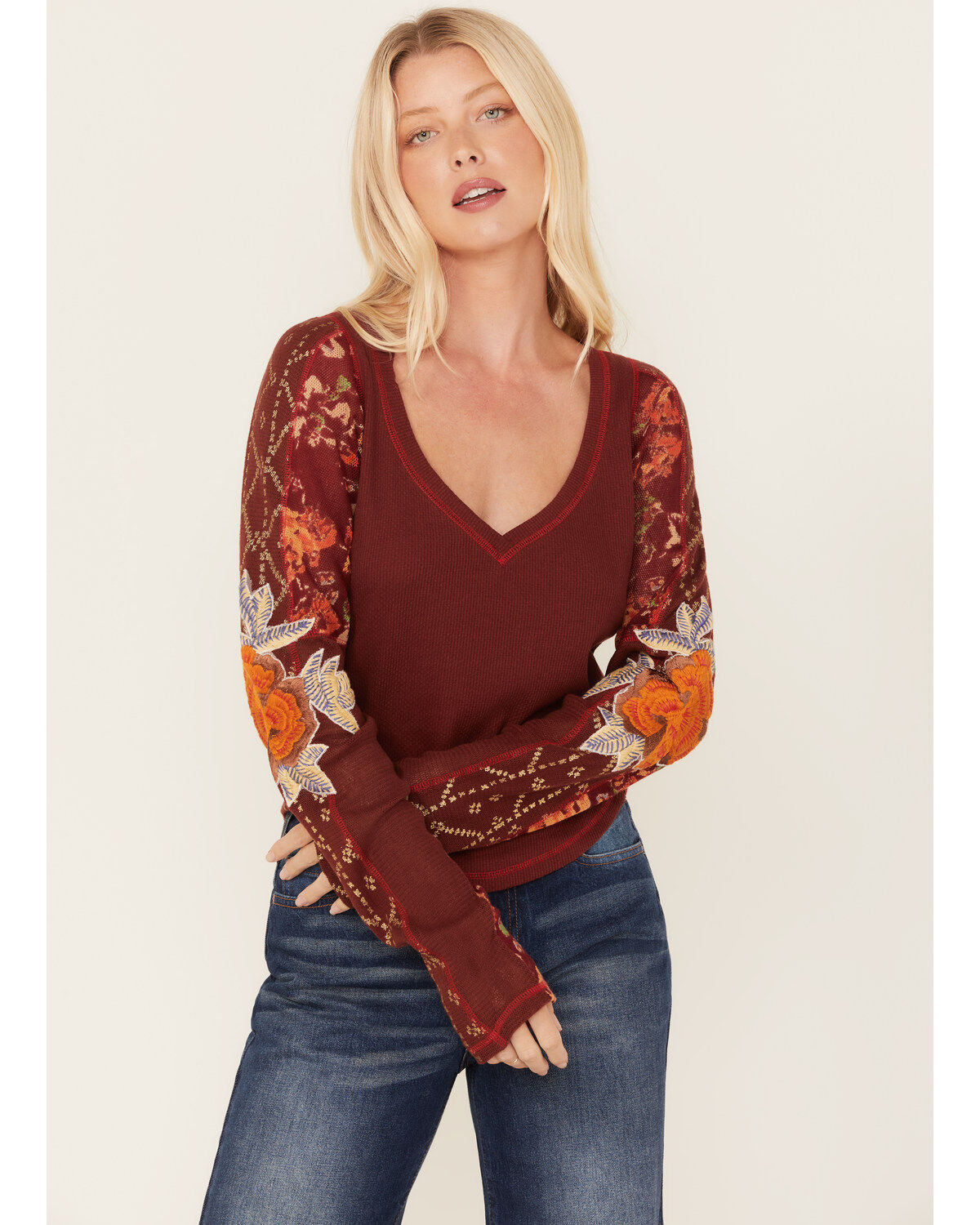 Free People Women's Amara Floral Print Long Sleeve Top, Wine