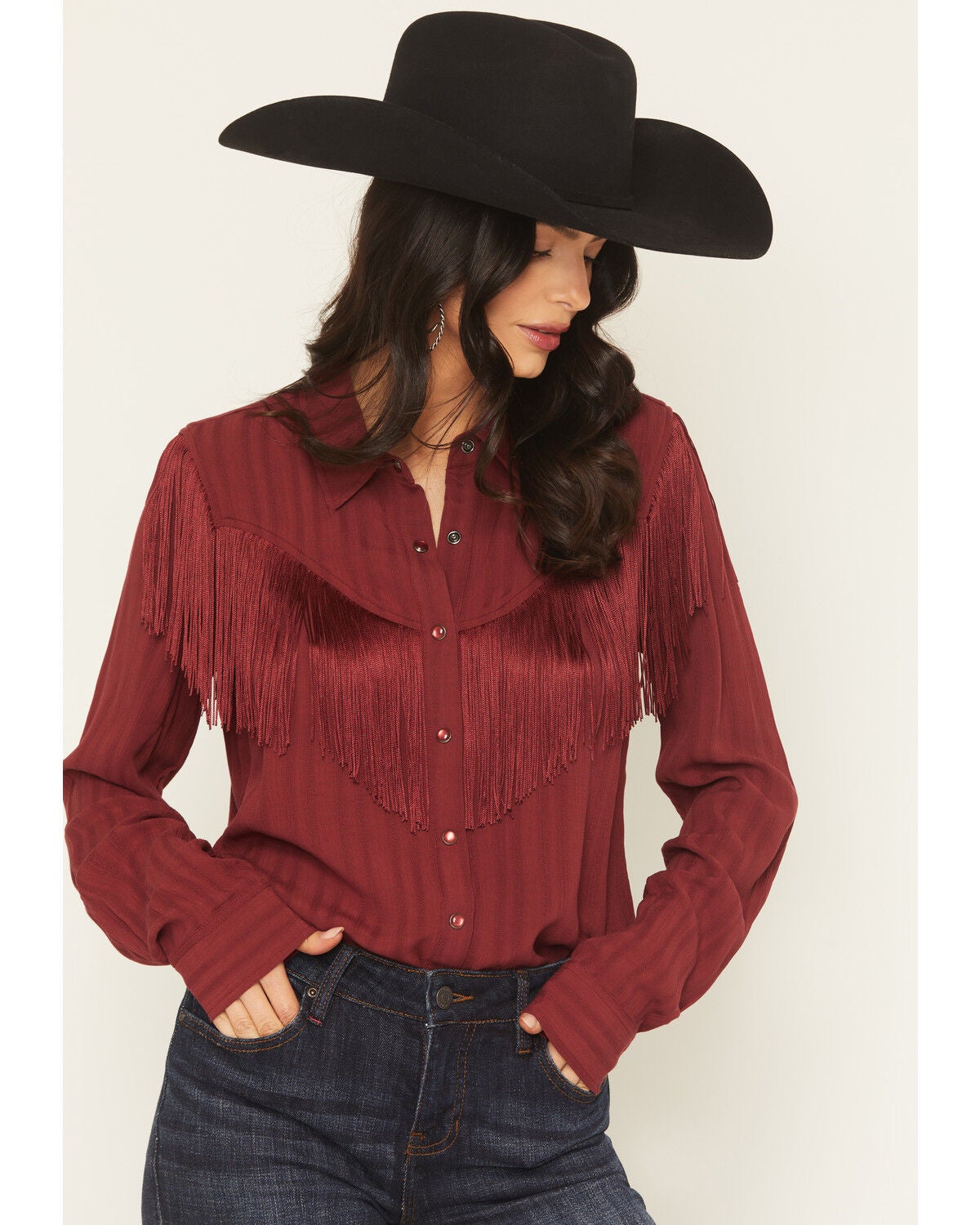 Idyllwind Women's Revive Fringe Long Sleeve Snap Crinkle Shirt, Cherry