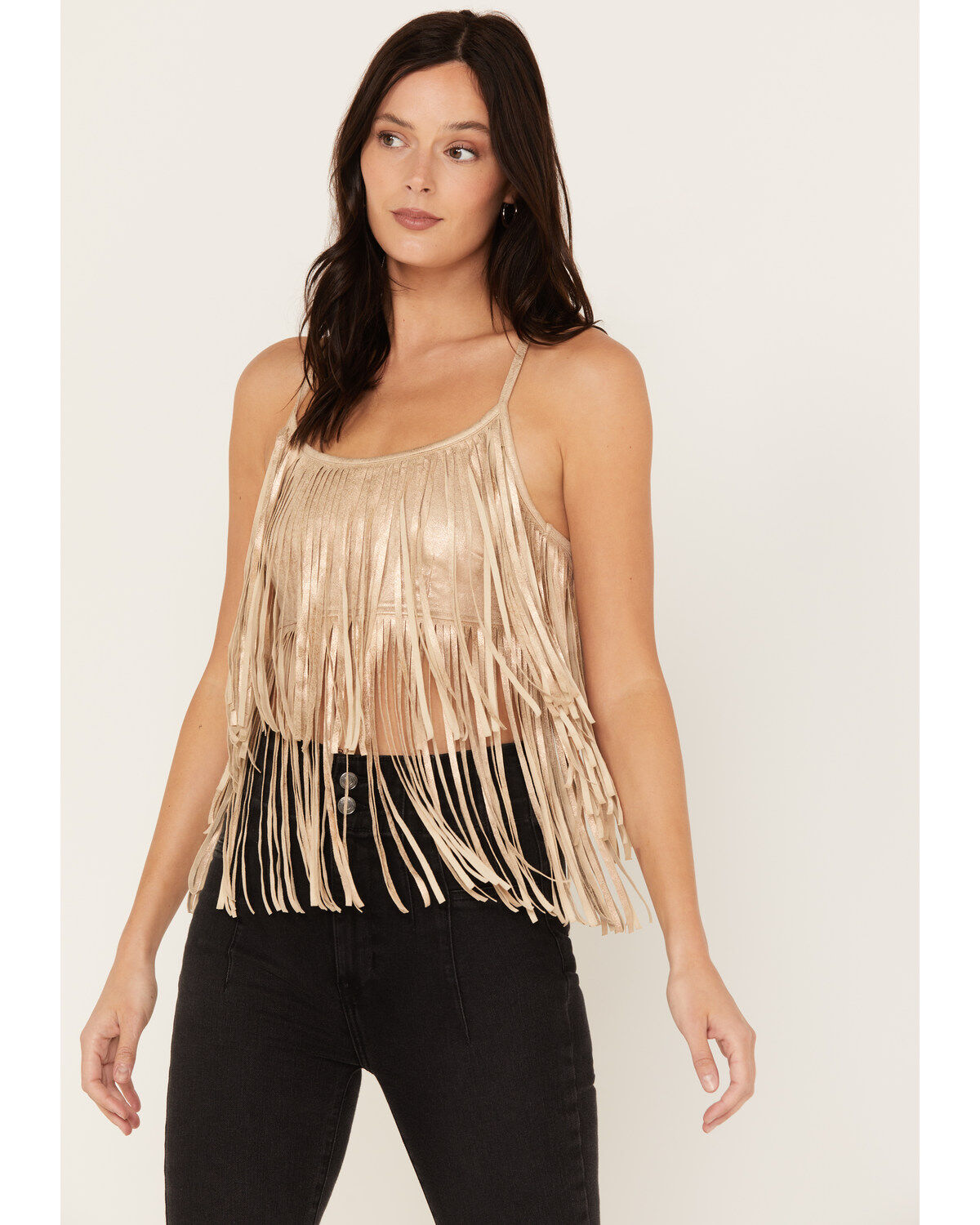 Shyanne Women's Cropped Fringe Tank Top, Taupe