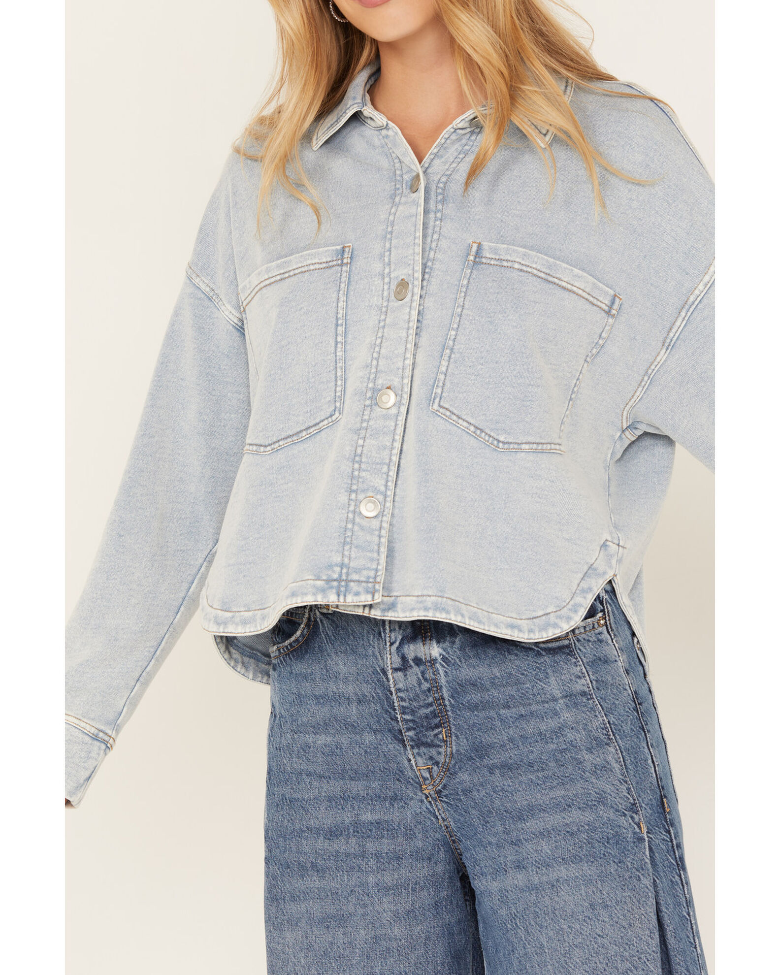 White Crow Women's Denim Knit Cropped Shacket, Light Blue