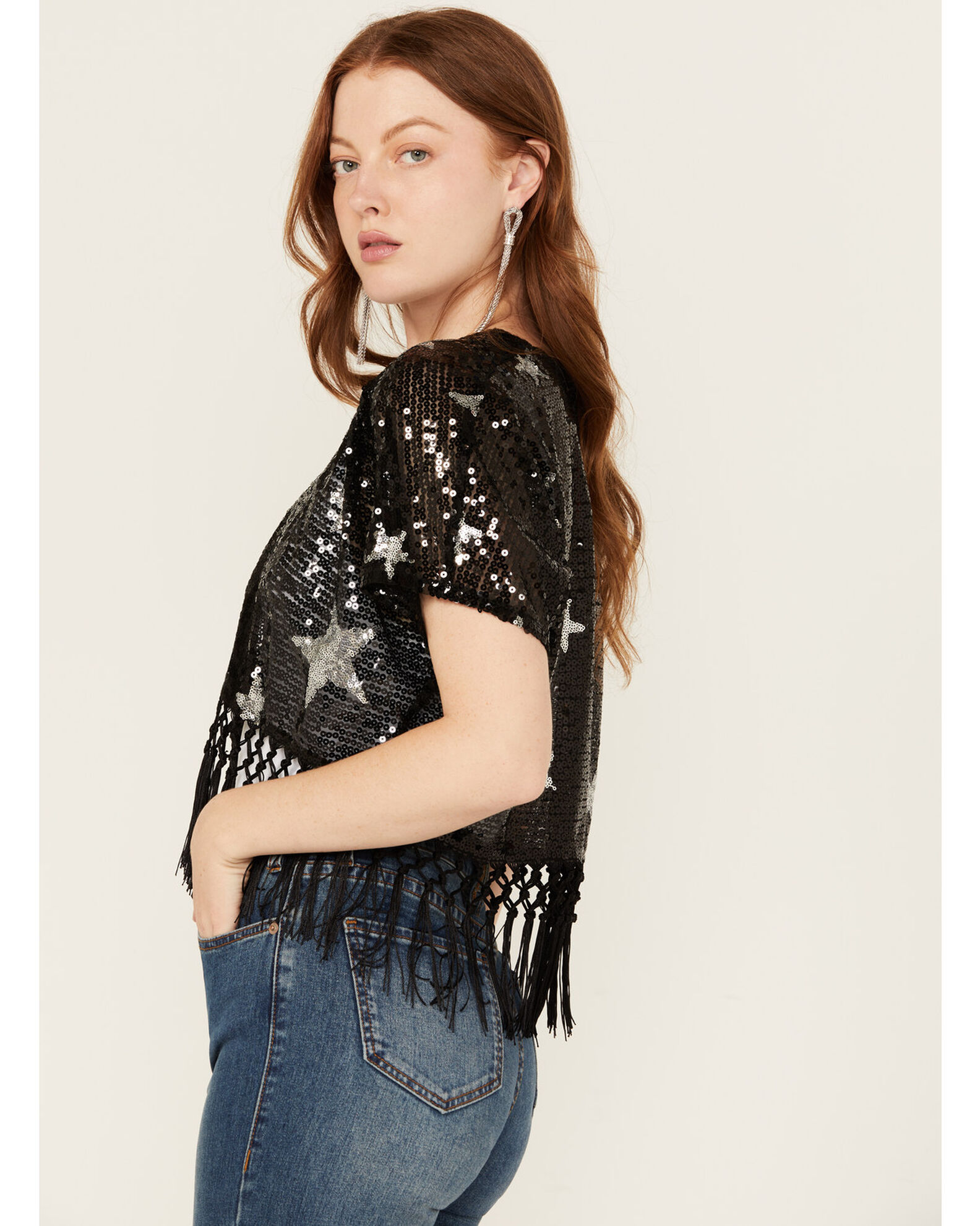 Rock & Roll Denim Women's Star Sequins Fringe Bolero, Black