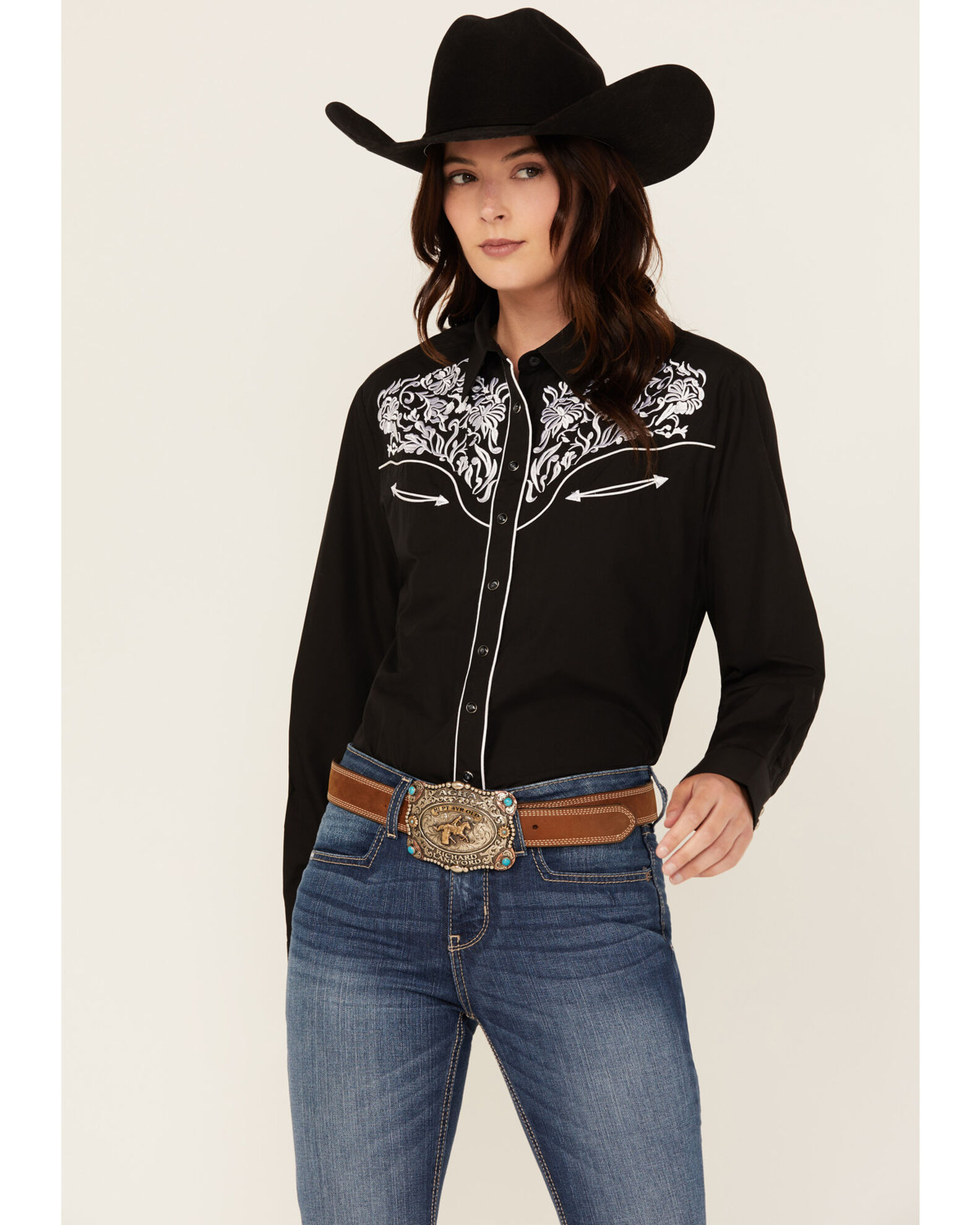 Rodeo Clothing Women's Embroidered Long Sleeve Snap Western Shirt, Black