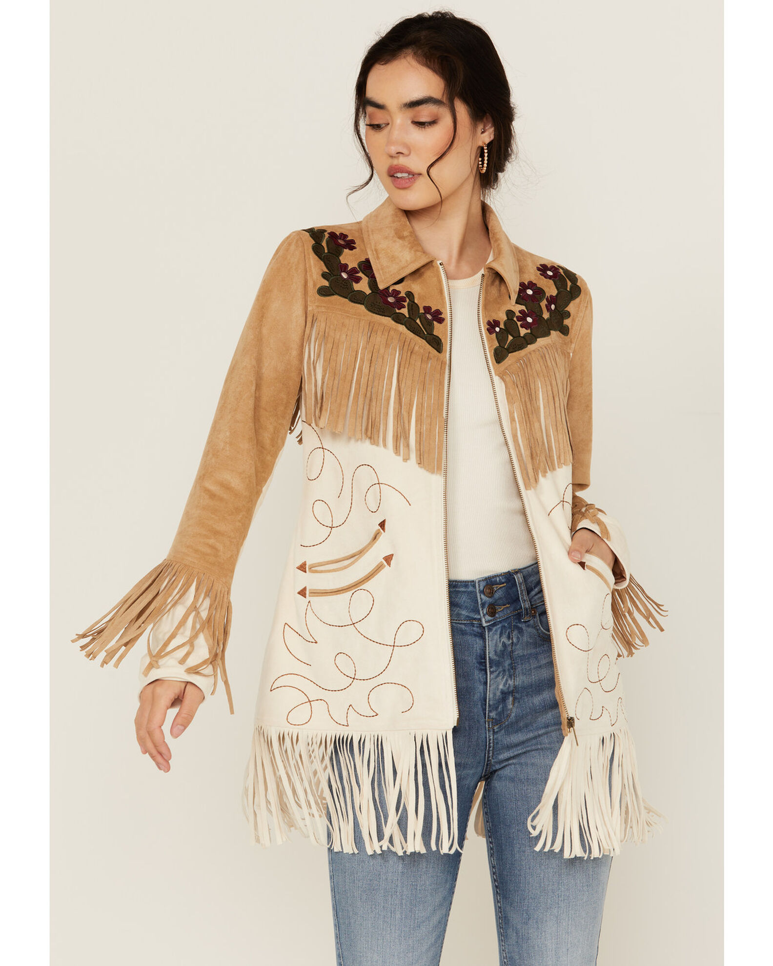 Powder River Outfitters Women's Faux Suede Fringe Jacket, Tan