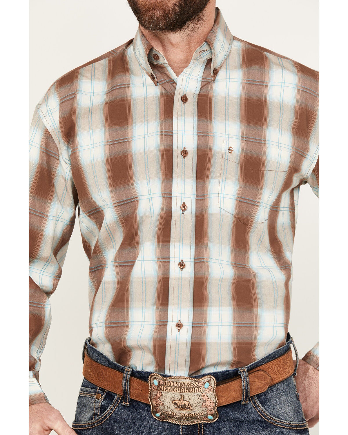 Stetson Men's Plaid Print Long Sleeve Button Down Western Shirt, Brown
