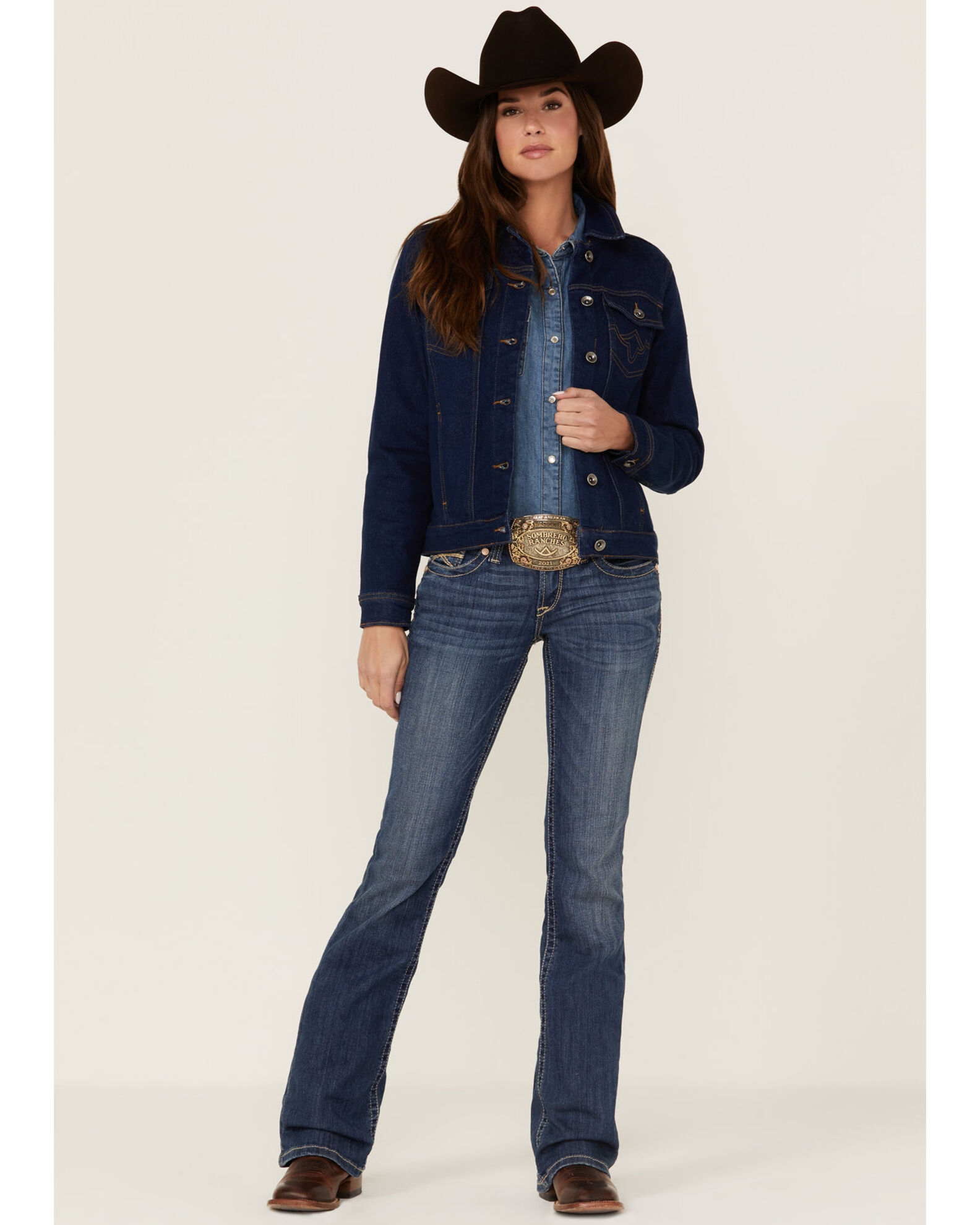 RANK 45® Women's Signature Denim Pocket Stitch Rancher Jacket, Medium Wash