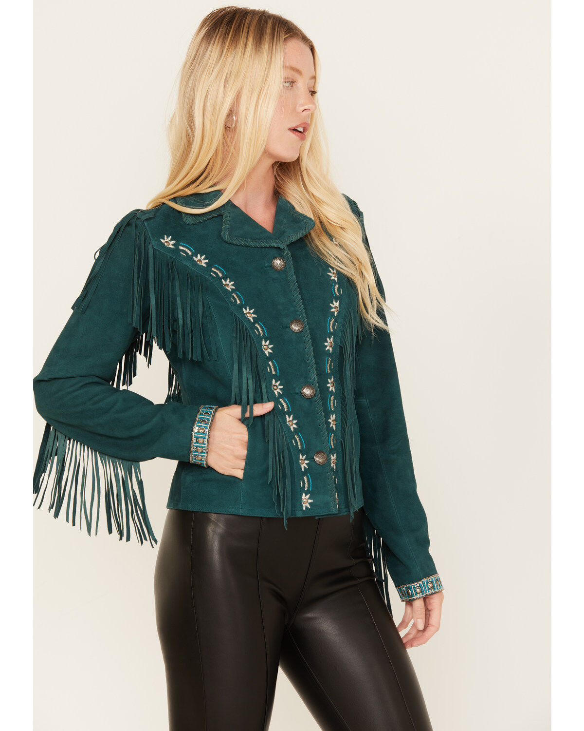 Shyanne Women's Suede Fringe Jacket, Deep Teal