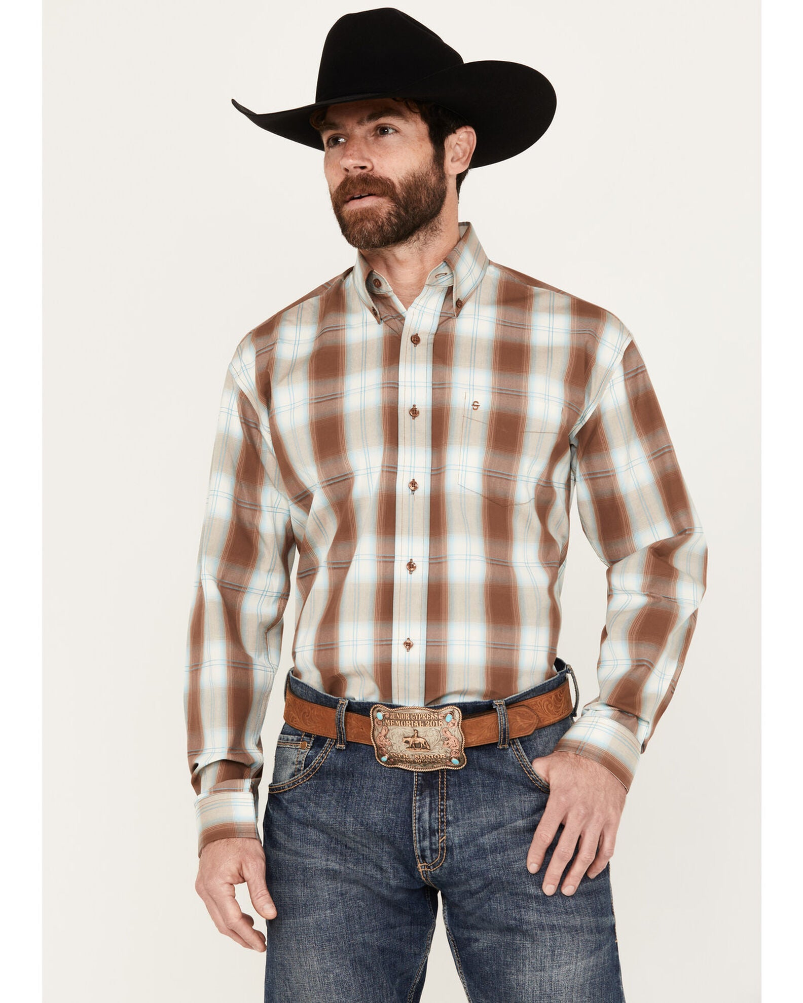 Stetson Men's Plaid Print Long Sleeve Button Down Western Shirt, Brown