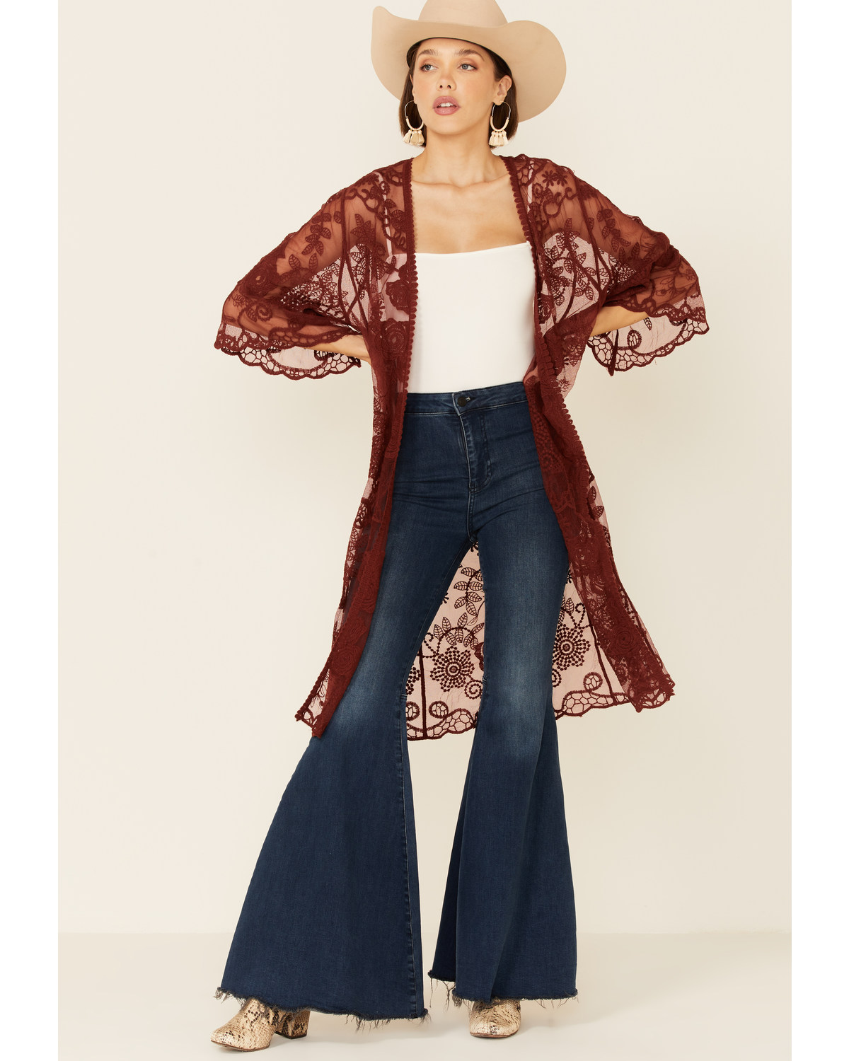 Shyanne Women's Chocolate Floral Lace Duster Kimono | Boot Barn